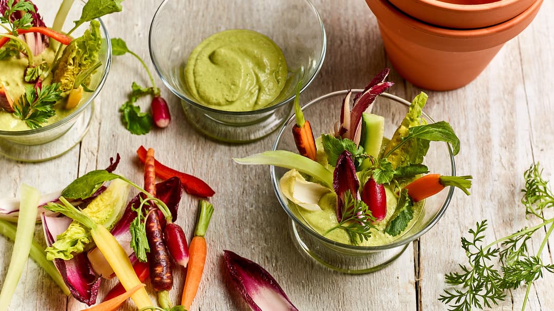 Spring vegetable crudités with a green pea vegan dip | Raymond Blanc Recipe